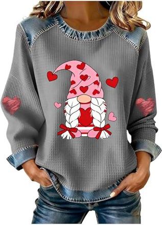 Generic Sweat-shirt &agrave; manches longues en denim pour femme - Motif coeur - Patchwork - Pull l&eacute;ger &agrave; manches longues - Col rond - Pull d&eacute;contract&eacute;, gris, 3XL