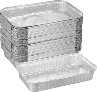 Relaxdays Aluschalen Grill, 50er Set, B x T: 31 x 21 cm, eckige Grillschalen, Tropfschalen indirektes Grillen, Silber