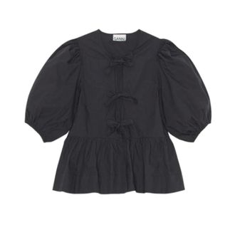 Ganni Kurz&auml;rmelige Bluse mit V-Ausschnitt - - Blouses & Shirts - Damen - Schwarzk - 2XS