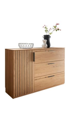 Linea Natura Sideboard Rubea, Eiche, Metall, Eiche, massiv, 2 F&auml;cher, 3 Schublade(n) Schubladen, 147x94x42 cm, Beim&ouml;bel erh&auml;ltlich, stehend, Holzm&ouml;bel, Kleinm&ouml;bel 
