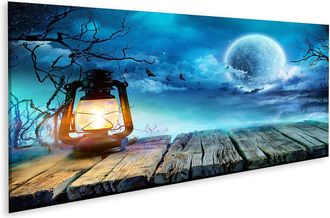 Islandburner Bild auf Leinwand Halloween Laterne Alte Tabelle Spooky Nacht Wandbild Leinwandbild Bilder für Wohnzimmer GCQB-Pano
