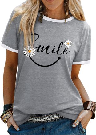 Dresswel Tshirt Damen Smile Druck G&auml;nsebl&uuml;mchen T-Shirt Rundhals Kurzarm T Shirts Sommer Oberteile Tee Tops Bluse