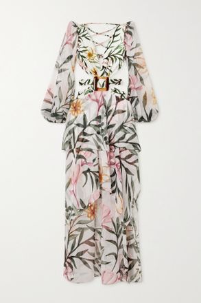 PatBo Bedrucktes Maxikleid Aus Chiffon Mit Gürtel Und Cut-outs - Weiß