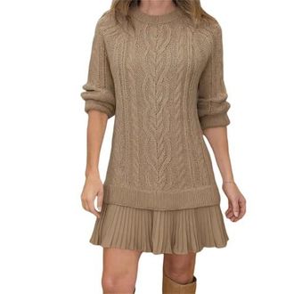 Generic Mini robe chandail en tricot torsad&eacute; &agrave; col rond pour femme, mini robe pliss&eacute;e &agrave; manches longues pour lautomne et lhiver, kaki, XXL