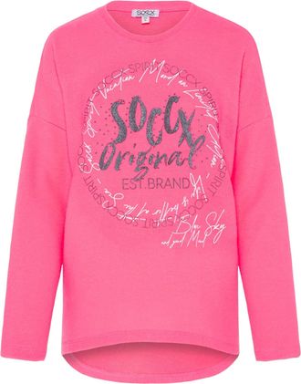 soccx Damen Pullover aus Flauschstrick mit Glimmer Gel Print Neon Pink, XL/XXL