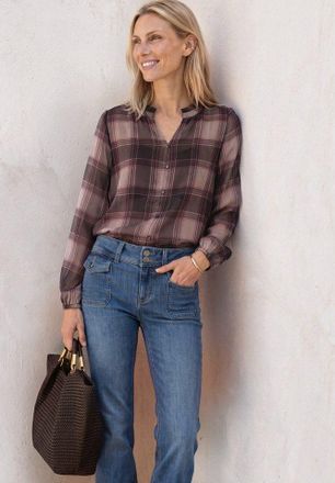 Street One Langarmbluse Tunika-Chiffon-Bluse mit Split Neck im Karo-Look / R&uuml;schendetails