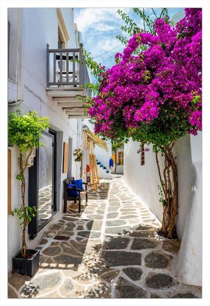 Wallario selbstklebendes Poster - Griechische Bl&uuml;tengasse, Aufkleber in Premiumqualit&auml;t, Klebefolie Gr&ouml;&szlig;e: 61 x 91,5 cm (Maxiposter)