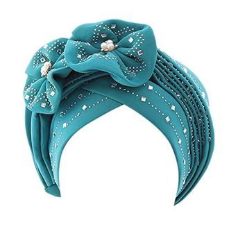 Generic Chapeau tendance pour femme avec perles tress&eacute;es pour le cancer musulman - Bonnet de sommeil doubl&eacute; de satin - Chapeaux larges pour femme, bleu clair,