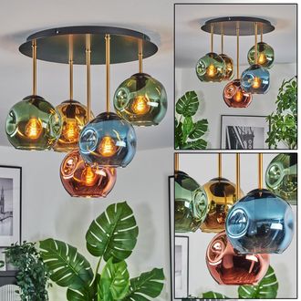 HOFSTEIN Deckenleuchte Ripoll, 5-flammige Deckenlampe aus Metall/Glas in Schwarz/Messing/Blau/Gr&uuml;n/Kupfer/Gold, Leuchte im Retro/Vintage-Design (Schirme 15 cm)
