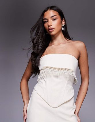 Asos Top corset densemble effet sculptant en lin avec bord &agrave; perles nacr&eacute;es - Cr&egrave;me-Blanc
