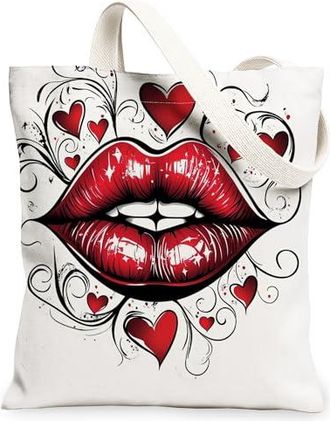 Generic Sacs fourre-tout en toile florale, motif l&egrave;vres &eacute;l&eacute;gantes, sacs r&eacute;utilisables, pour la Saint-Valentin, toile l&eacute;g&egrave;re et lavable pour voyage, 33 x 38 cm