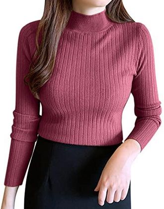 Generic Sous-pull à manches longues pour femme avec col montant - T-shirt en tricot côtelé - T-shirt à manches longues - Couleur unie - Col roulé - Sweat-shir
