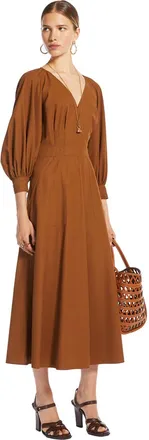 Max Mara Puffed-Sleeve Cotton Midi Dress - Brown