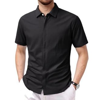 Generic Chemise en lin pour homme - Haut d&eacute;contract&eacute; intelligent pour les vacances tropicales - Chemise boutonn&eacute;e &agrave; manches courtes - Col rabattable - Haut de