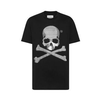 Philipp Plein Originales Baumwoll-T-Shirt mit Kristall-Totenkopf-B&auml;r - - Tops - Herren - Schwarzk - L