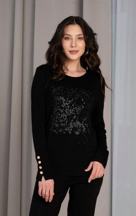 Passioni Strickpullover mit einem abstrakten Animal-Print und einer Strassblume