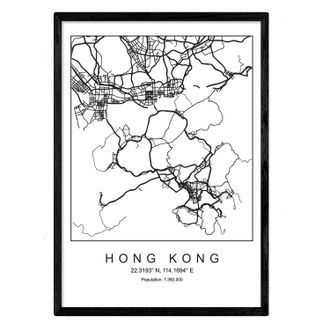 Nacnic Drucken Stadtplan Hong Kong nordico Stil in Schwarz und Weiß. A3 Größe Plakat Das Bedruckte Papier Keine 250 gr. Gemälde, Drucke und Poster für Wohnzi