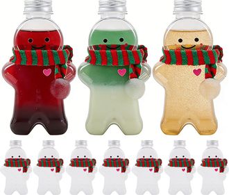 Cabilock 10PCS S&auml;tze Weihnachten Wiederverwendbar St&uuml;cke Saftflaschen zum Bef&uuml;llen Smoothie Weihnachten Lebkuchenmann Flaschen mit Schal Leere Milchflaschen(50