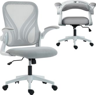 HOMCOM Ergonomischer B&uuml;rostuhl, Netz-B&uuml;rostuhl mit klappbarer R&uuml;ckenlehne, hochklappbaren Armlehnen, Lendenwirbelst&uuml;tze, Wippfunktion und 360&deg; drehbar, hellg