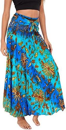 Feoya Jupe Longue Bohême Femme Jupe Gitane Fluide Hippie Taille Haute Élastique Jupes Indienne Maxi Robe Imprimé de Plage Vacances Robes Licou Dos Nu Sexy 2