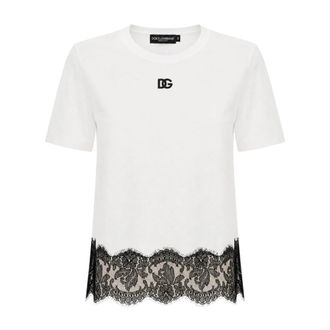 Dolce & Gabbana Jersey-T-Shirt mit Spitze - - Tops - Damen - Wei&szlig; - XS