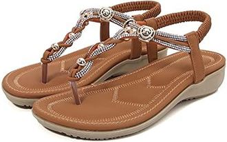 Generic Sandales boh&egrave;me pour femme - Tongs romaines avec strass et bride arri&egrave;re &eacute;lastique - Chaussures d&eacute;t&eacute; plates pour la marche, la plage, la plage, les ch