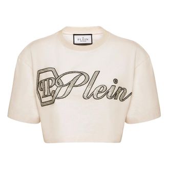 Philipp Plein Femme, Tops, Beige, Taille: 36 FR Cropped T-Shirt Crystal Signature