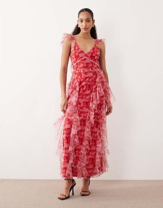 Lace & Beads Robe longueur mollet en tulle &agrave; imprim&eacute; fleuri et volants - Rouge et rose