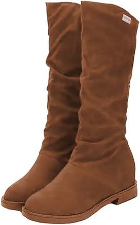 Generic Bottes hautes au genou pour femme, bottes longues en daim synth&eacute;tique avec talon plat bas, bottes dhiver &agrave; enfiler, doublure douce et chaude, ajusteme