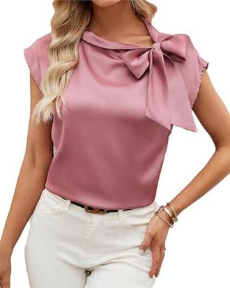 Generic Womens Bow Tie Mock Neck Cap Sleeve Satin Blouse Office Shirts Business Top Blouse