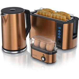 Arendo 3-teiliges Fr&uuml;hst&uuml;cks-Set, 4 Scheiben Langschlitztoaster, Wasserkocher 1,5l, 3er Eierkocher, Kupfer - Arendo