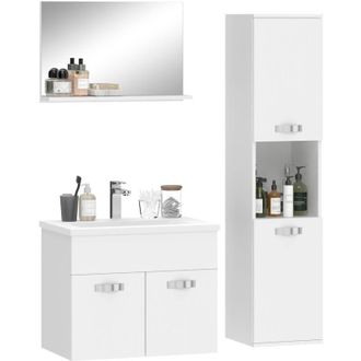Kleankin Ensemble de Meubles de Salle de Bain - kleankin - 4 Pi&egrave;ces - Mural - Miroir, Meuble sous Vasque, Lavabo et Armoire Haute - Blanc