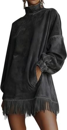 Generic Mini robe en daim pour femme, robe à col roulé en faux daim olive, manches longues, coupe ample, robe courte dautomne, Noir, XXL