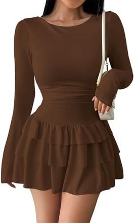 Generic Robe de printemps &agrave; manches longues pour femme, col montant, fronc&eacute;, volants, v&ecirc;tements moulants, couleur unie, coupe ajust&eacute;e, mini robe &eacute;l&eacute;gante, caf