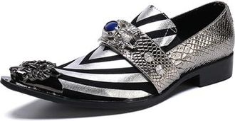 Generic Mocassins habillés en cuir véritable pour homme avec bout pointu en métal - Motif noir et doré - Chaussures formelles pour bal, scène, mariage, fête d