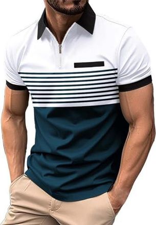 Generic Polo pour homme avec fermeture &eacute;clair - Polo &agrave; manches courtes &agrave; rayures - Polo en coton - Coupe droite - T-shirts de golf pour homme - T-shirt d&eacute;t&eacute; -