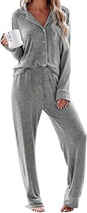 Minetom Pyjama Femme Automne Hiver Ensemble de Pyjamas Nuit Manche Longue Col V Bouton Top Blouse Chemisier et Pantalon 2 Pièces A Gris M
