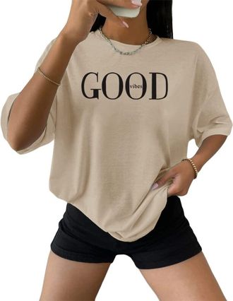 TOMWELL Damen Tshirt Kurzarm Sommer Oberteile Oversized T-Shirt mit Buchstaben Druck Lose Rundhals Sport Shirt Teenager M&auml;dchen Top Tunika Lang G Aprikose XXL