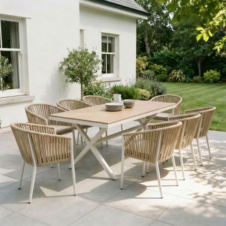 IDIMEX Gartenm&ouml;belset ISOLA mit 8 St&uuml;hlen, Wei&szlig;/Beige - wetterfeste Essgruppe, Gartentisch 180 x 100 cm mit WPC Tischplatte und stapelbare Gartenst&uuml;hle inkl.