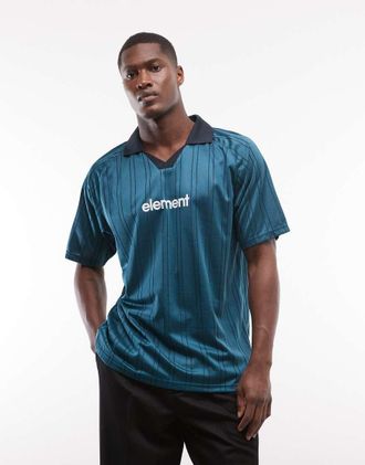 Element Fu&szlig;ball-T-Shirt in Petrolblau gestreift mit Logo und Polokragen-Gelb