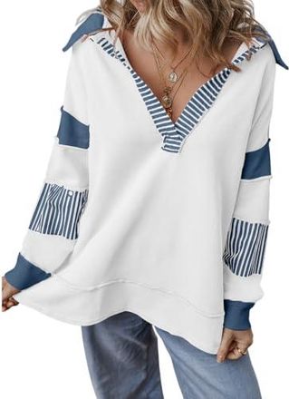 Generic Chandail surdimensionn&eacute; &agrave; blocs de couleurs pour femmes, polo &agrave; col en V, chemises &agrave; manches longues, style d&eacute;contract&eacute; et ample, bleu/blanc, XXL