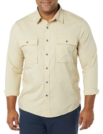 Amazon Essentials Herren Utility-Hemd mit Langen &Auml;rmeln, Zwei Taschen und schmaler Passform, Helles Khakibraun, XXL Tall