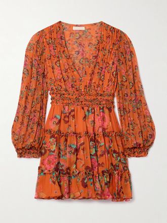 Ulla Johnson Lya Minikleid Aus Seidenkrepon Mit Blumenprint Und R&uuml;schen - Orange