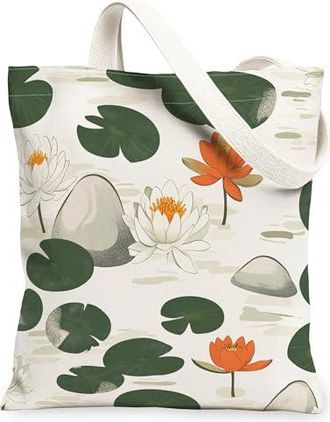 Generic Sac fourre-tout en toile motif n&eacute;nuphar printanier 33 x 38,1 cm, motif abstrait, amusant, feuilles de lotus, sac d&eacute;picerie r&eacute;utilisable pour femme, jo