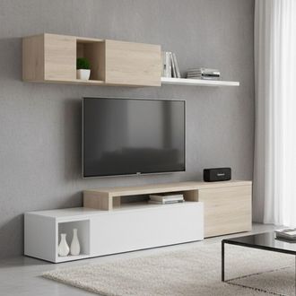 Dmora Wandeinheit Baker, modulares Eck-Wohnzimmerset, Wohnzimmerm&ouml;bel Multiposition TV-St&auml;nder, 201 x 41 x 180 cm, Wei&szlig; und Eiche