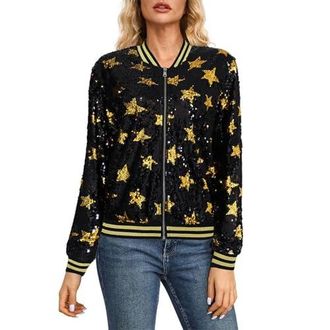 Generic Veste noire &agrave; paillettes pour femme - Manteau &agrave; paillettes &agrave; la mode imprim&eacute; avec &eacute;toiles scintillantes d&eacute;contract&eacute; bomber scintillant l&eacute;ger pour sort