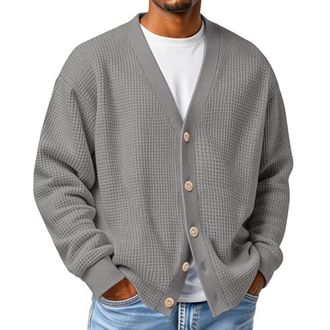 Generic Cardigan pour homme en tricot gaufr&eacute; textur&eacute; &agrave; manches longues, col en V, ouvert sur le devant, l&eacute;ger et d&eacute;contract&eacute;, gris, XXL