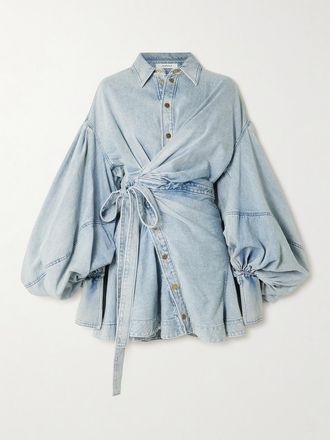 Zimmermann Rebellion Mini-wickelkleid Aus Denim Mit Raffungen - Blau