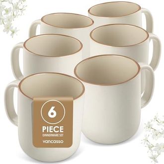 VANCASSO Lot de 6 Grandes Tasses &agrave; Caf&eacute; en Gr&egrave;s - 480ml - Ensemble de Mugs avec Anse pour Th&eacute;, Caf&eacute;, Lait, Cappuccino - R&eacute;sistant au Lave-vaisselle et Micro-on