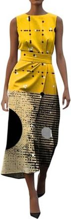 Generic Robe dété mi-longue pour femme, élégante, chic, col rond, sans manches, taille haute, style enveloppant, tendance, art abstrait, imprimé, légère pour 